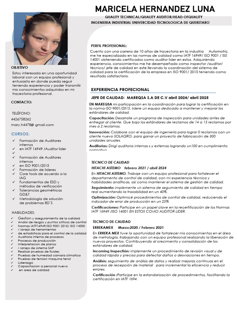 CV Maricela Hernandez - CVPDF | PDF | Sistema de manejo de calidad ...