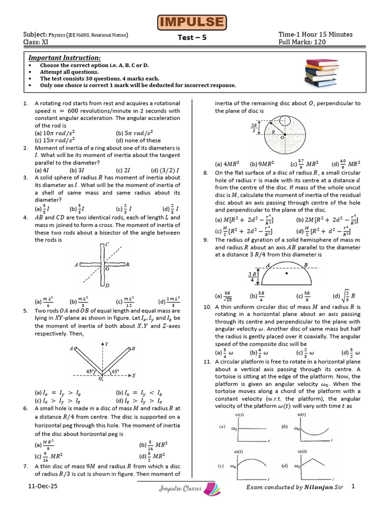 Test - 5, Jee Mains, Class 11 (Rotational Motion) | PDF | Rotation ...