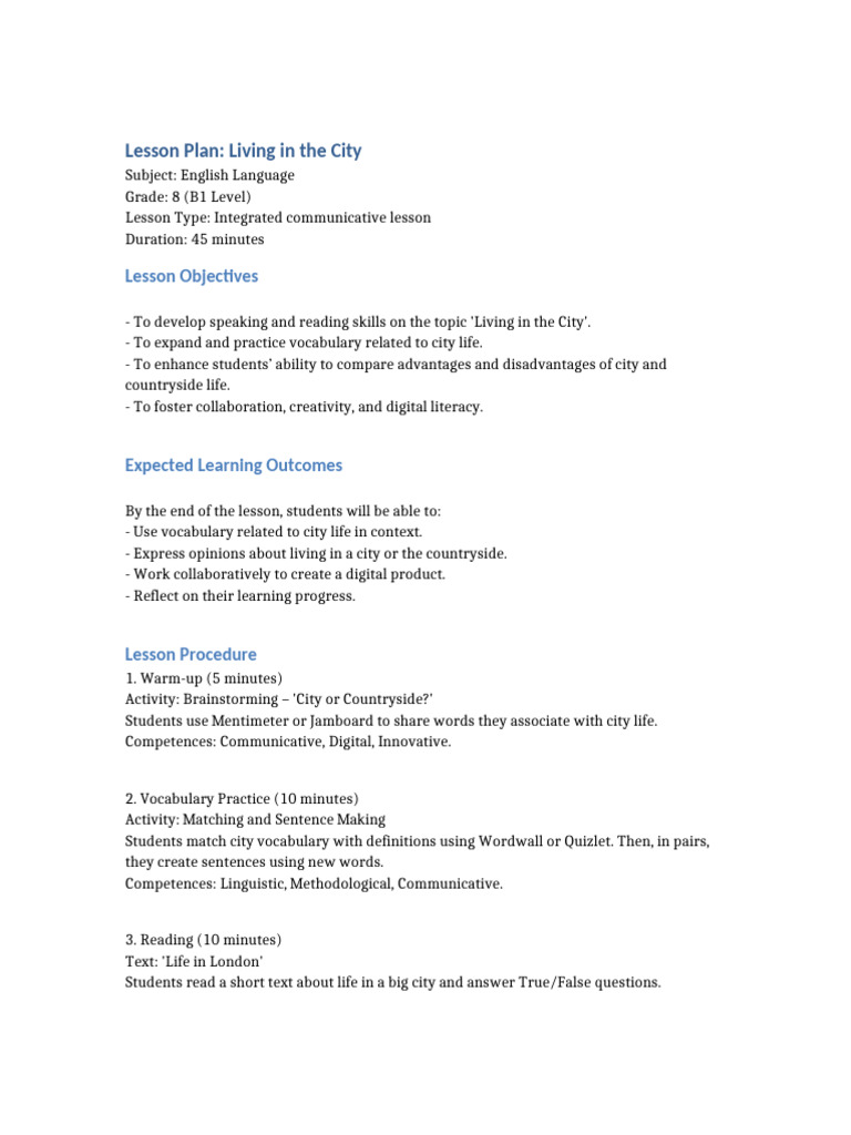 Lesson Plan Living in The City | PDF | Vocabulary | Creativity