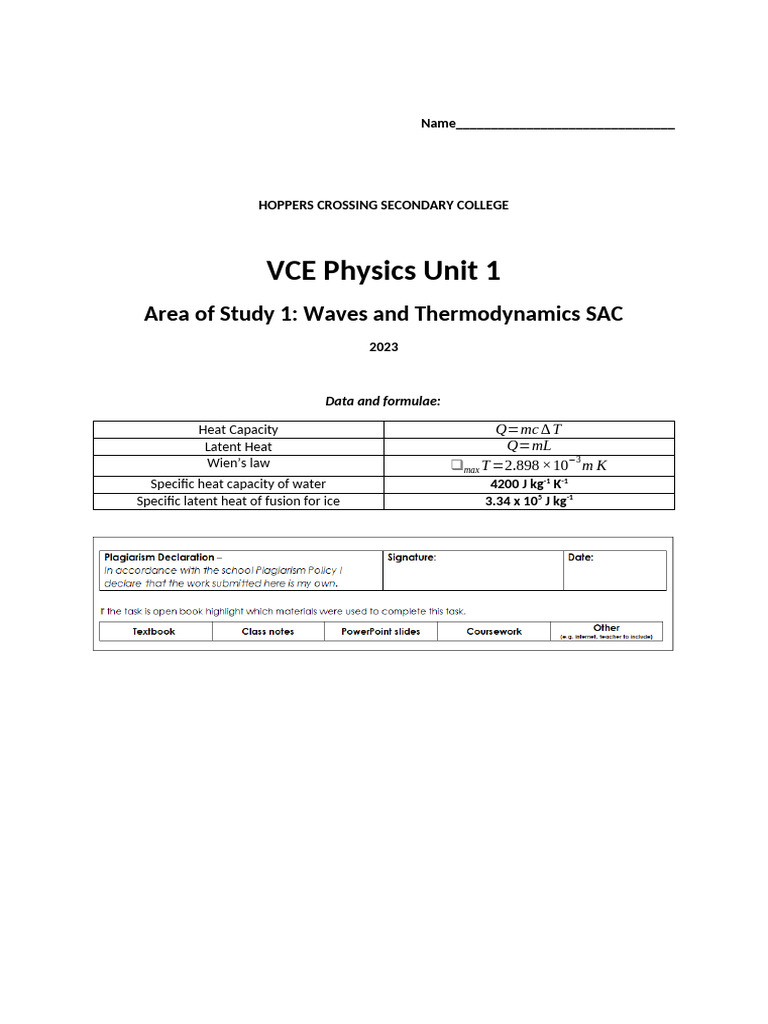 Unit 1 AOS1 Waves & Thermo Practice SAC (Data Analysis) | PDF ...