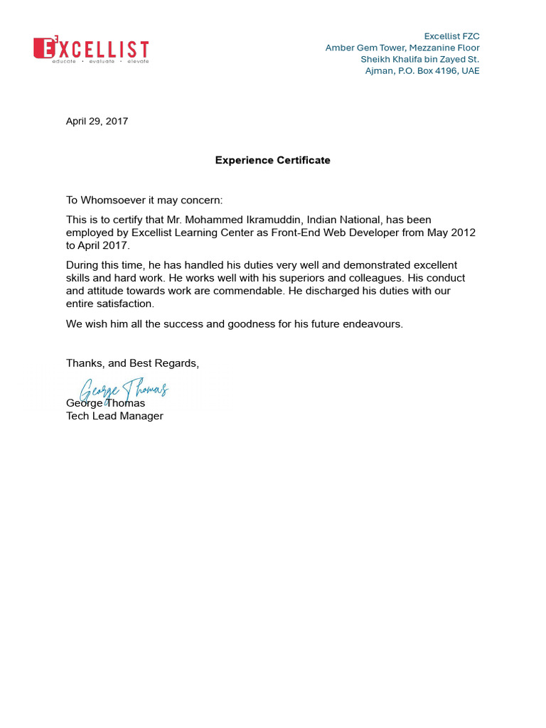 Excellist Experience Letter Ikram | PDF