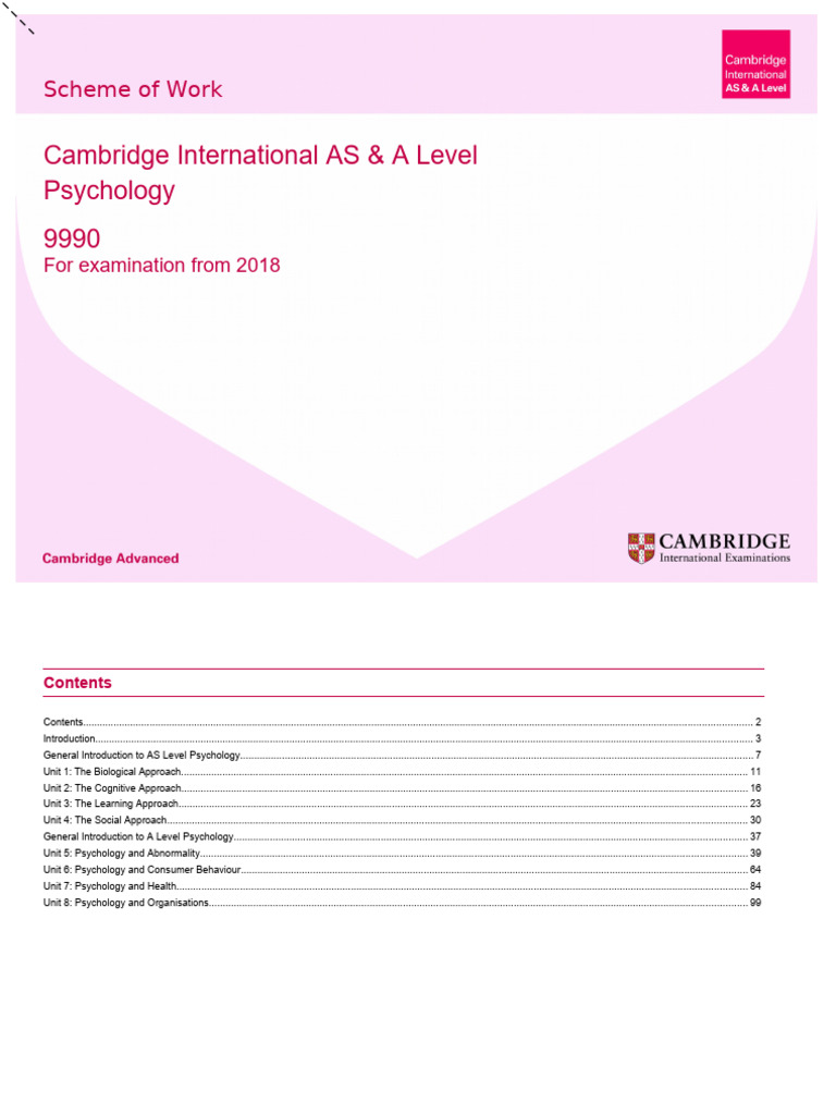 Cambridge International AS & A Level Psychology 9990: Scheme of Work ...