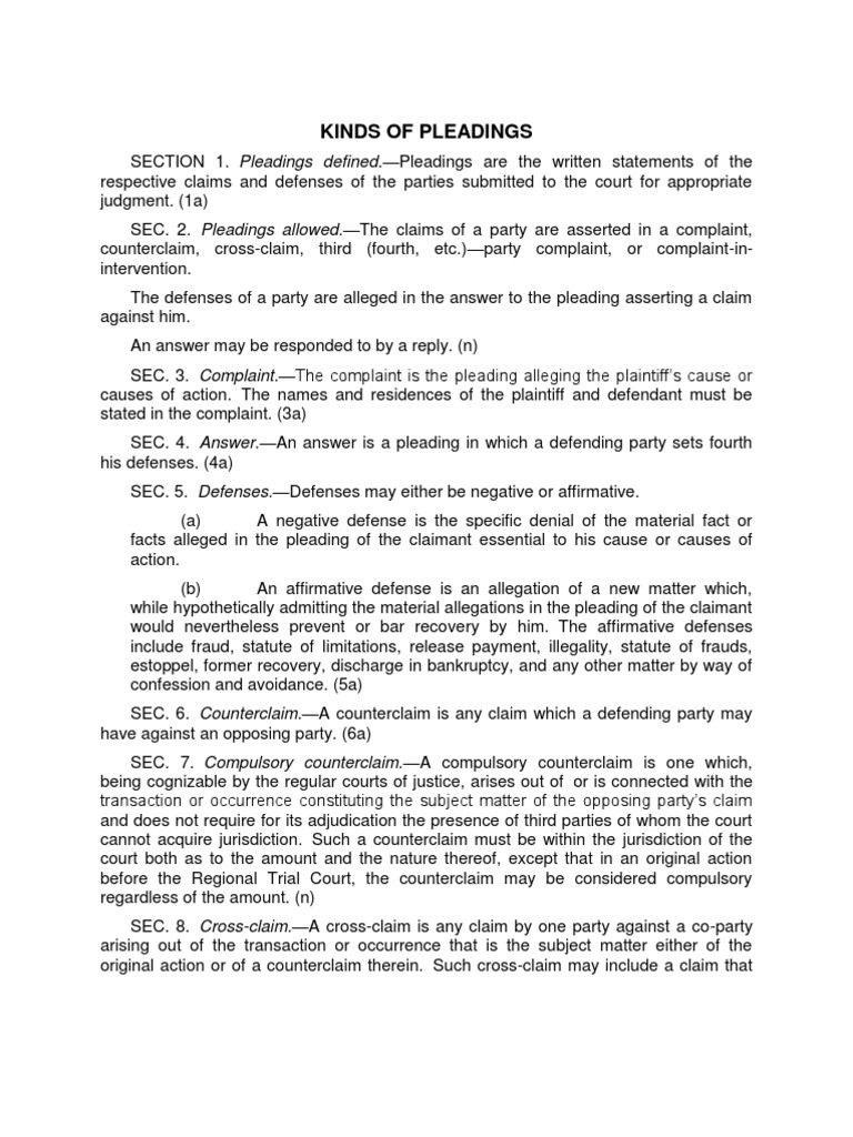 Kinds of Pleadings | PDF | Pleading | Cause Of Action