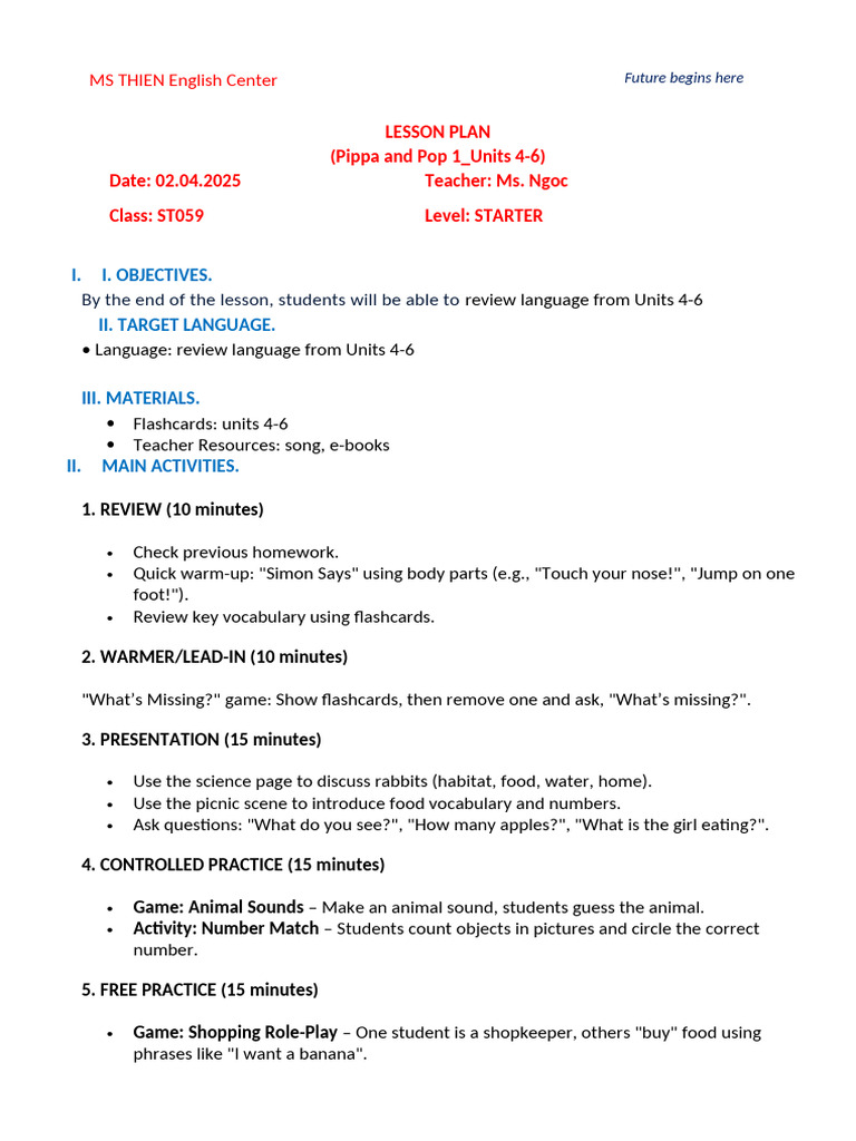 Lesson Plan (Pippa and Pop 1 - Units 4-6) Date: 02.04.2025 Teacher: Ms ...