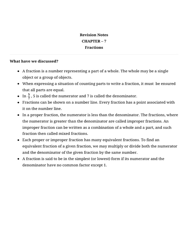 Fractions Class 6 Revision Notes PDF Download | PDF