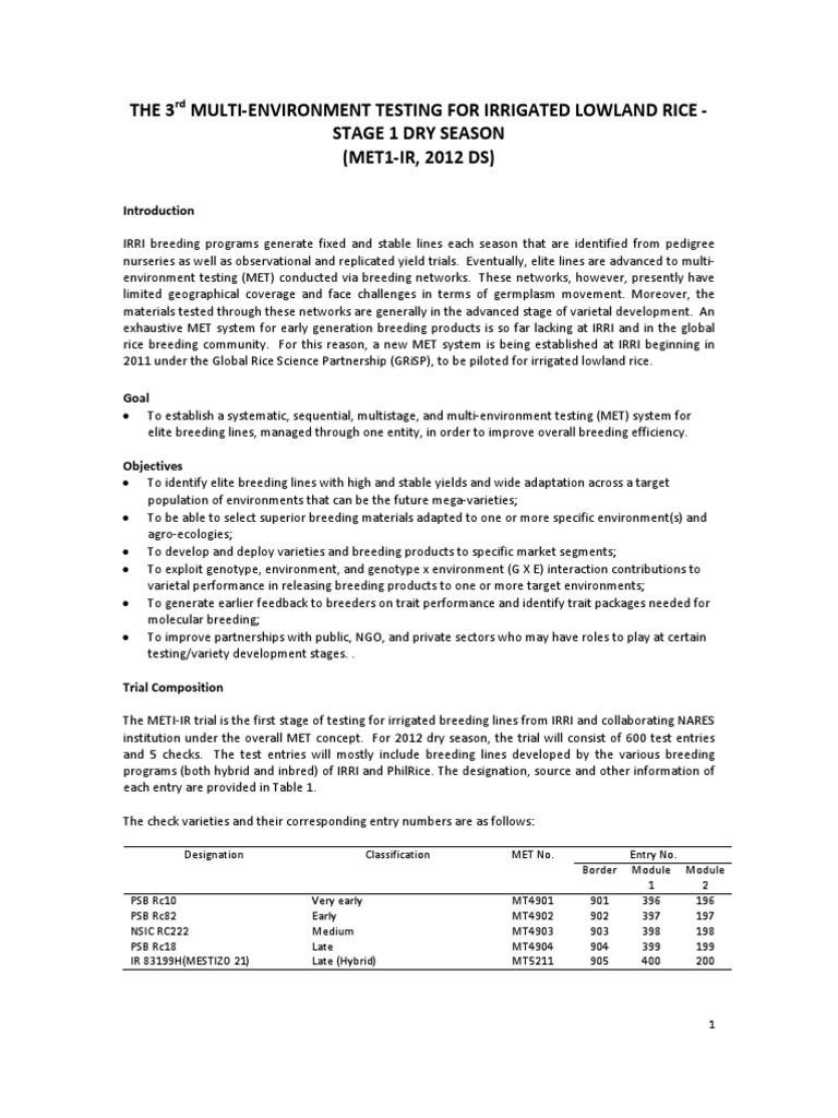 2012 MET1 IR DS Protocol | PDF | Plant Breeding | International Rice ...