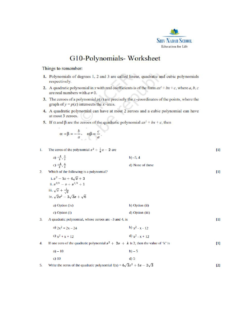 G10 Polynomials 2024 25 Worksheet | PDF