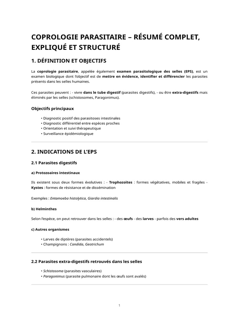 Résumé Complet - Coprologie Parasitaire Révision Questions Ouvertes ...