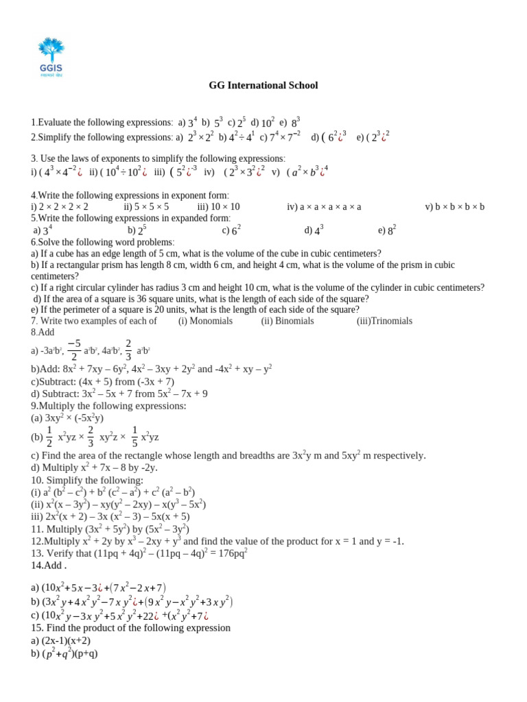 8-Power and Exponents and Algebraic Expression-1 | PDF | Volume | Length
