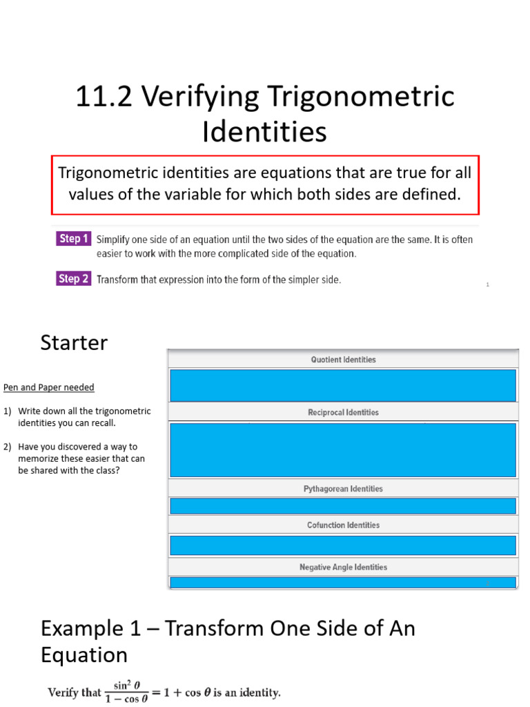 11.2 - Verifying Trigonometric Identities | PDF