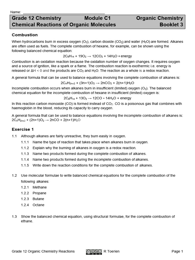 12C1c Organic Chemistry Reactions Booklet 2026 | PDF | Cracking ...