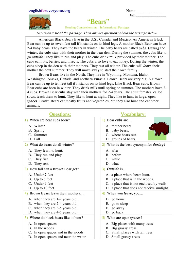 Informational Passages RC - Bears | PDF | Bears | Grizzly Bear