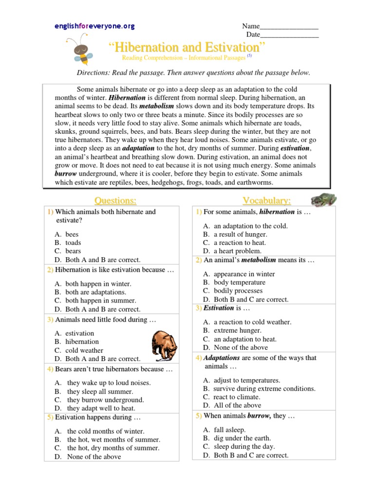 Informational Passages RC - Hibernation and Estivation | PDF | Sleep ...