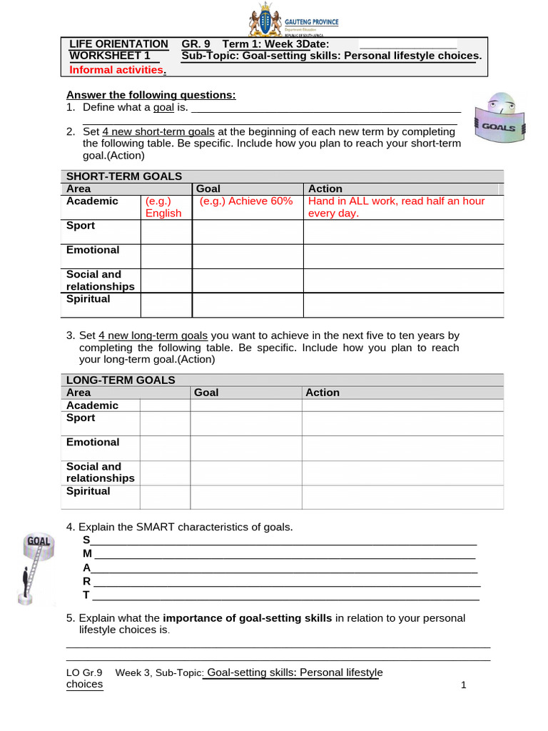 Goal Setting Skills Worksheet | PDF | Goal Setting | Decision Making