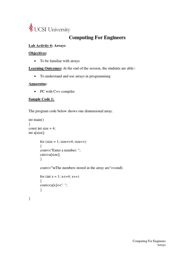 Computing For Engineers: Lab Activity 6: Arrays Objectives | PDF | Array Data Structure ...