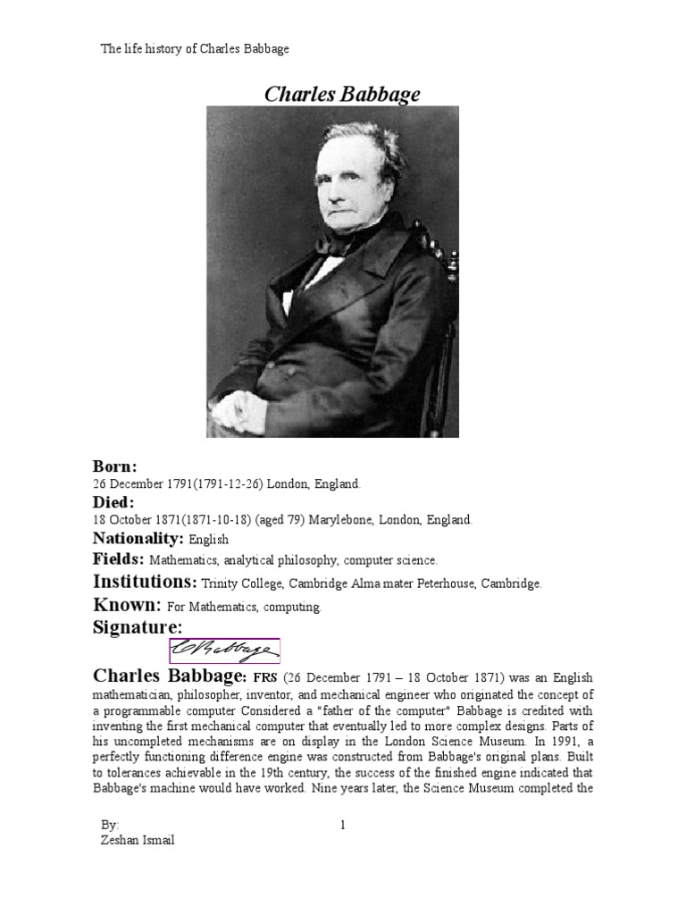 Institutions Known: Signature: Charles Babbage | PDF | Computing And ...