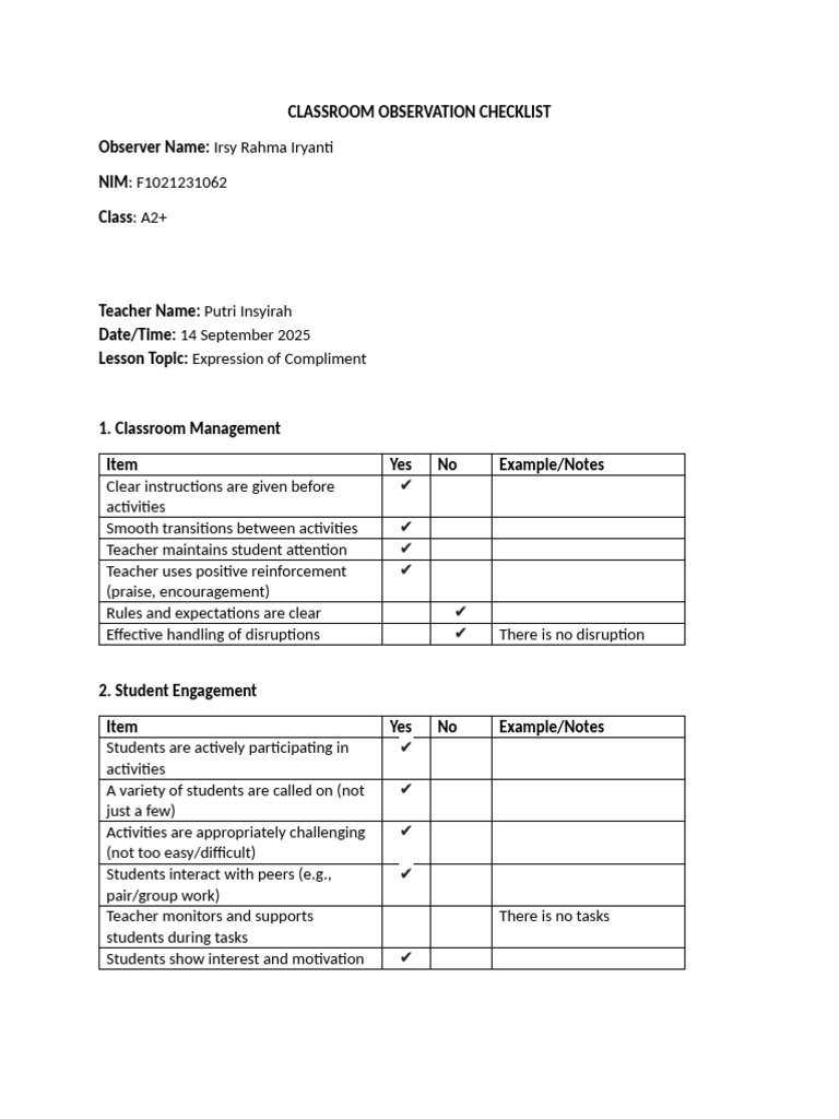 Irsy Rahma Iryanti (Classroom Observation and Teacher Reflection) | PDF ...