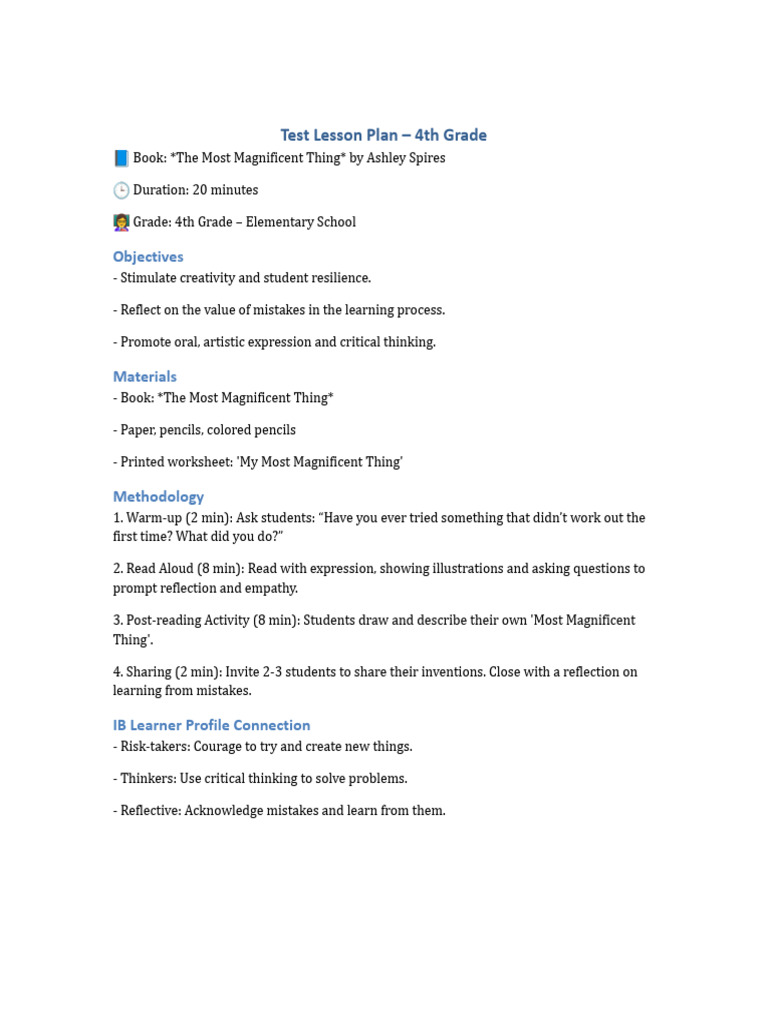 Test Lesson Plan The Most Magnificent Thing | PDF