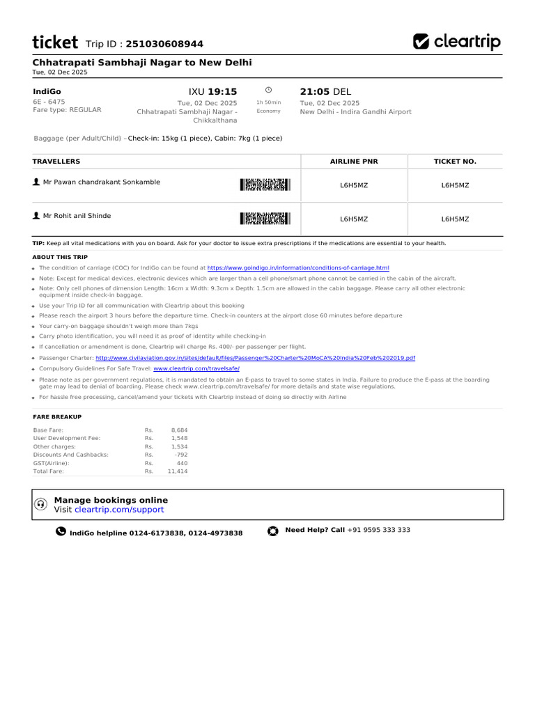 Cleartrip Flight E-Ticket | PDF | Airport | Aviation