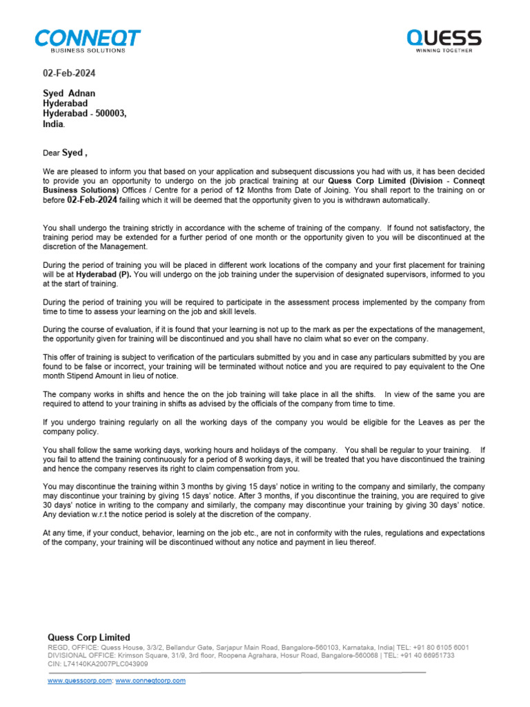 Offer Letter For Training | PDF | Insurance | Employee Benefits