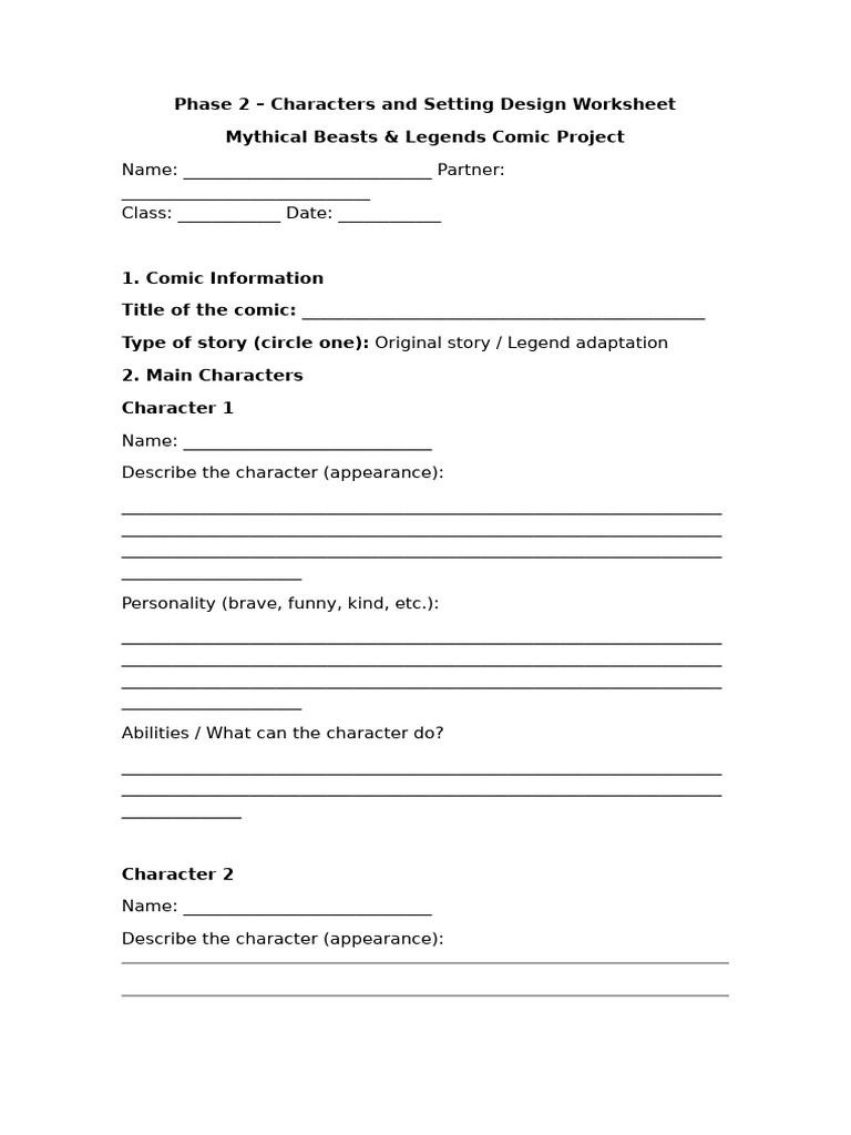 Phase 2 Characters and Setting Design Worksheet | PDF