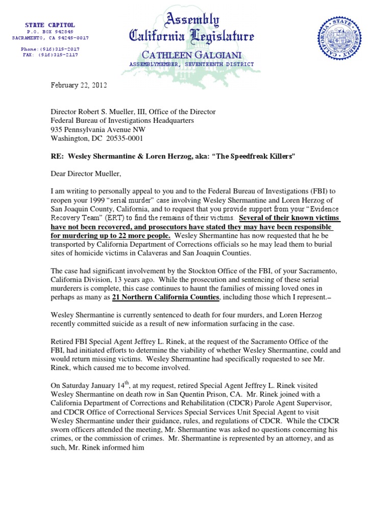 Assemblymember Cathleen Galgiani Letter To FBI | Download Free PDF ...