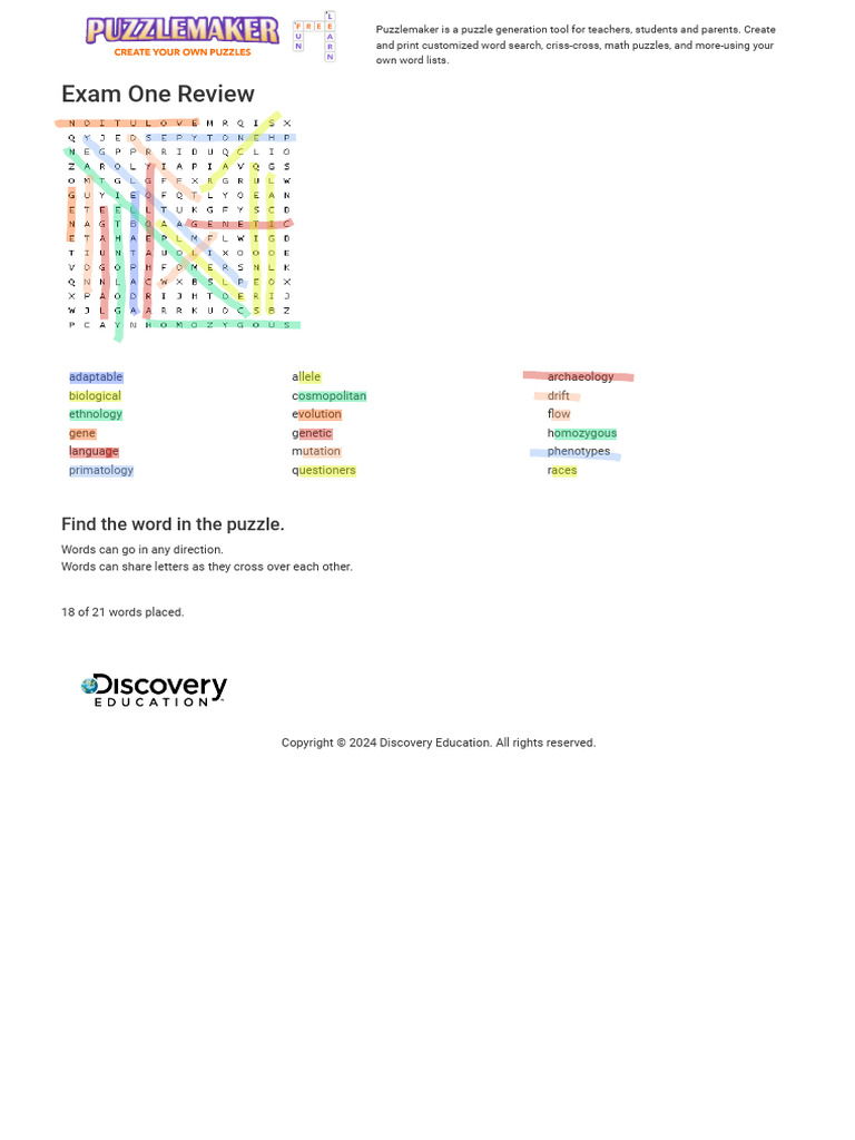 Word Search Puzzle - Discovery Education Puzzlemaker | PDF