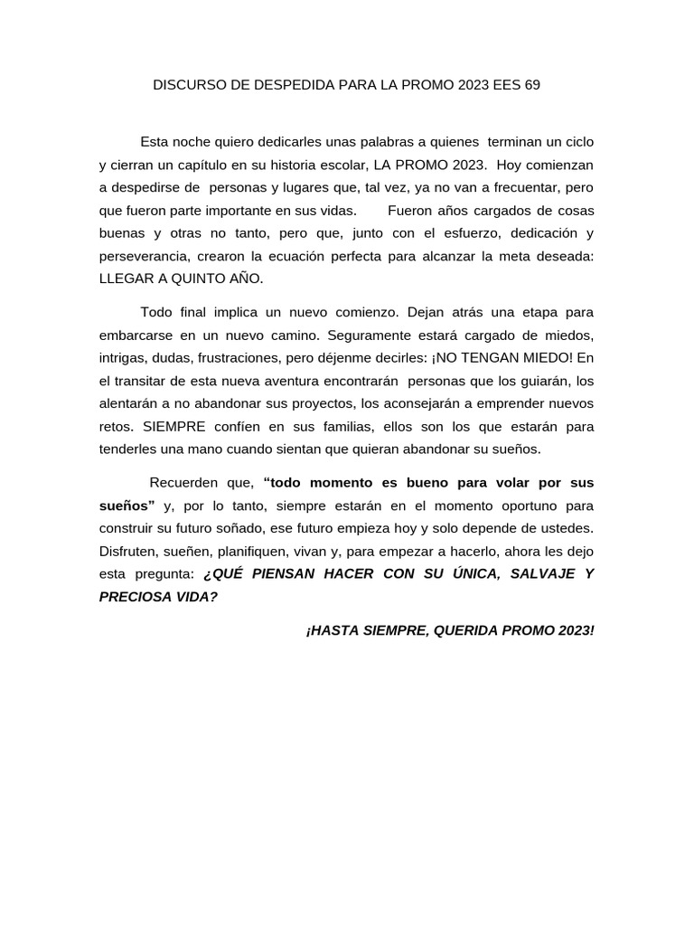 Discurso de Despedida para La Promo 2023 Ees 69 | PDF