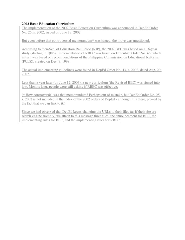 2002 Basic Education Curriculum | PDF