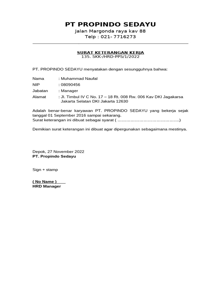 Surat Keterangan Kerja Master | PDF