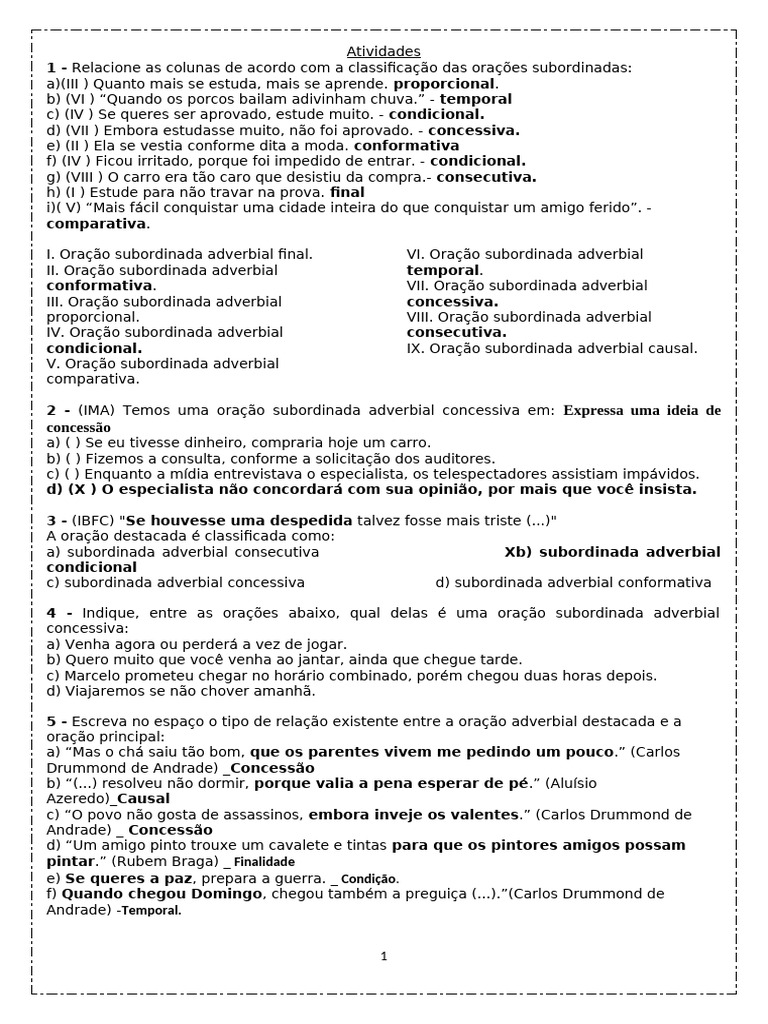 Atividades de Oração Subor Adverbial - GABARITO | PDF