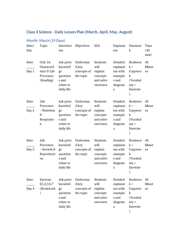 Class 4 Science Daily Lesson Plan | PDF | Muscle | Foods