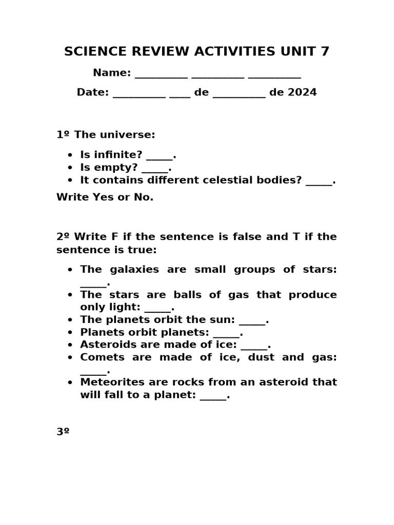 3º Science Unit 7 Review Activities | PDF