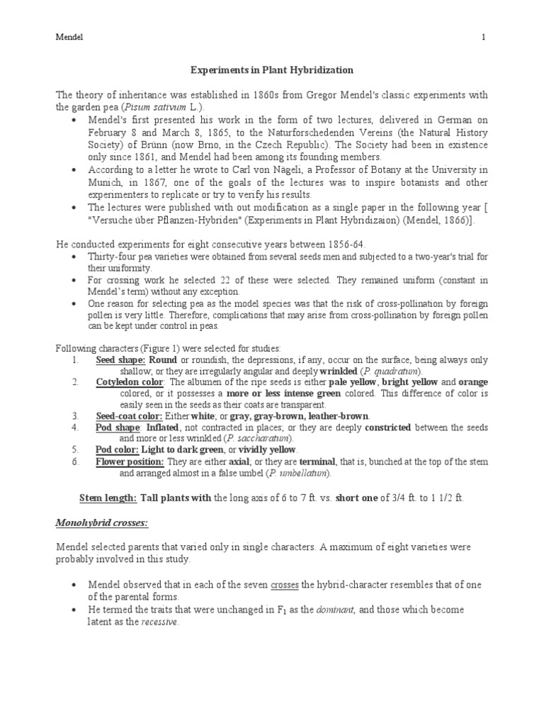 Mendel's Seminal Paper in Plant Hybridization | PDF | Hybrid (Biology ...