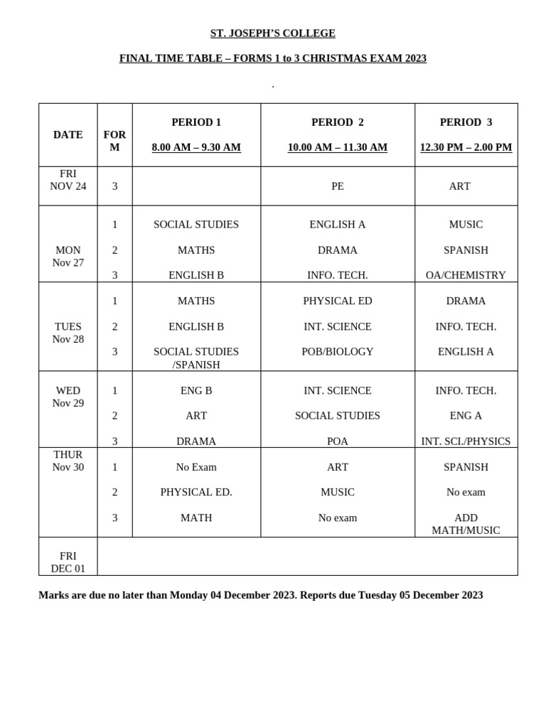 Forms 1 To 3 Christmans Exam Time Table 2023 | PDF