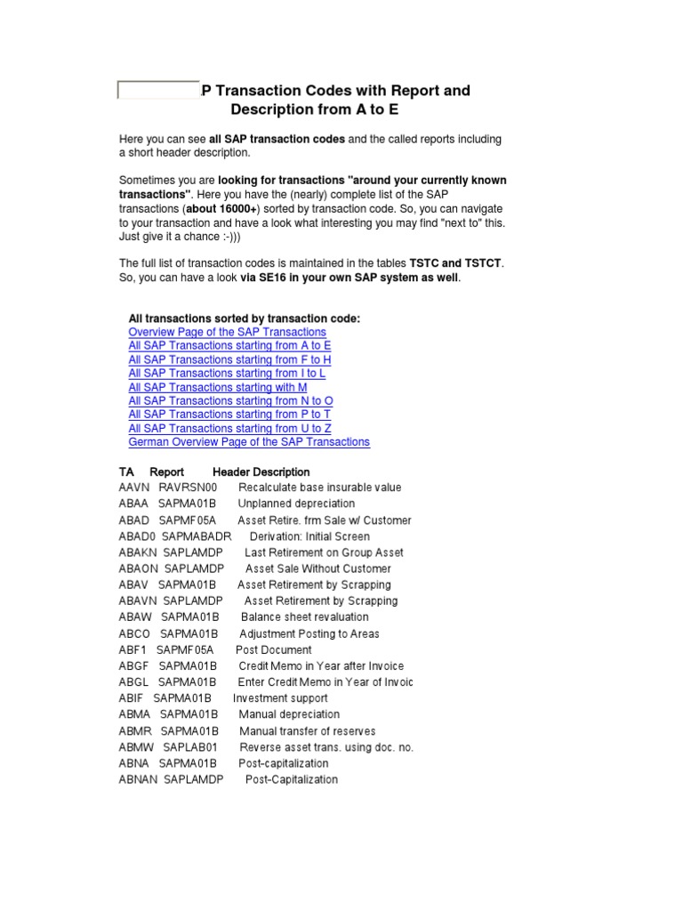 All SAP Transaction Codes With Report and Description From A To E | PDF ...