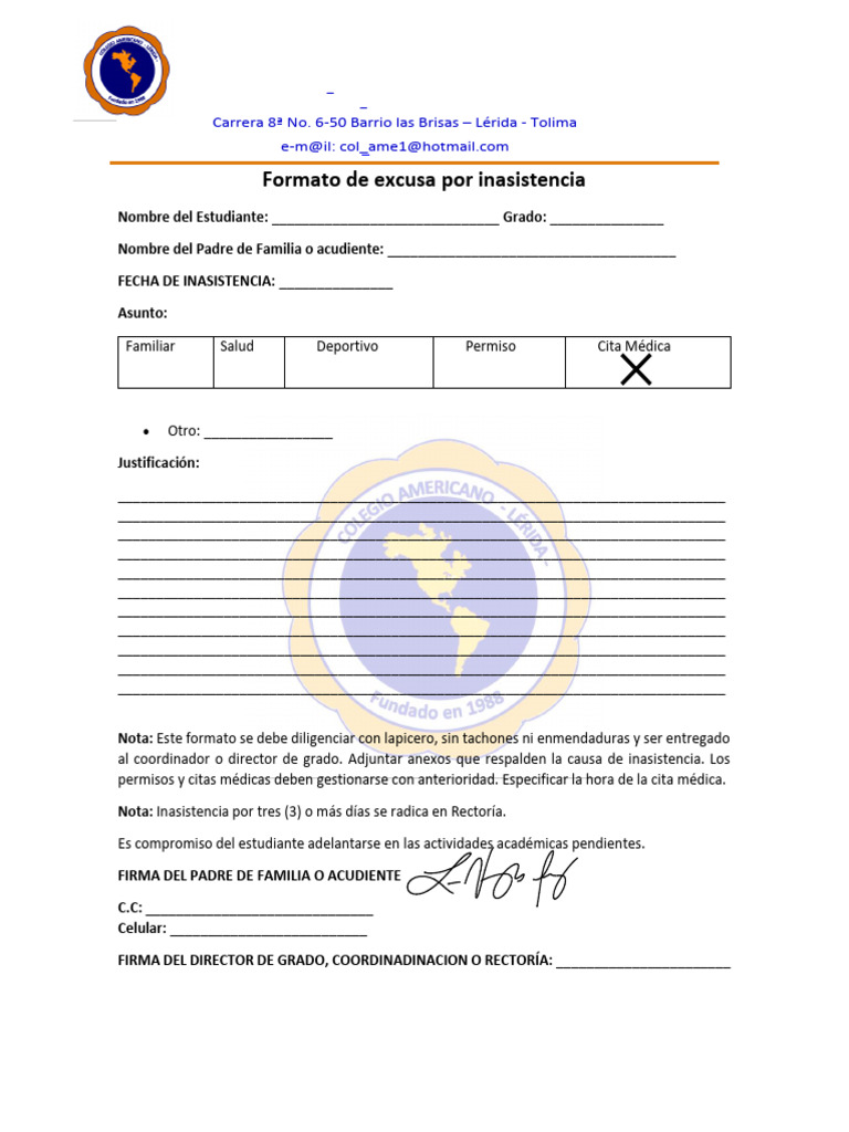 Formato de Excusa Por Inasistencia Zoe Vargas | PDF