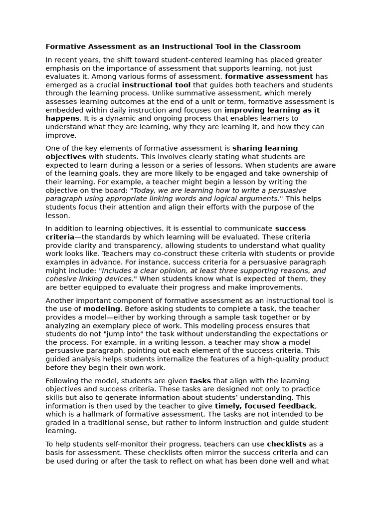 Formative Assessment As An Instructional Tool in The Classroom | PDF ...