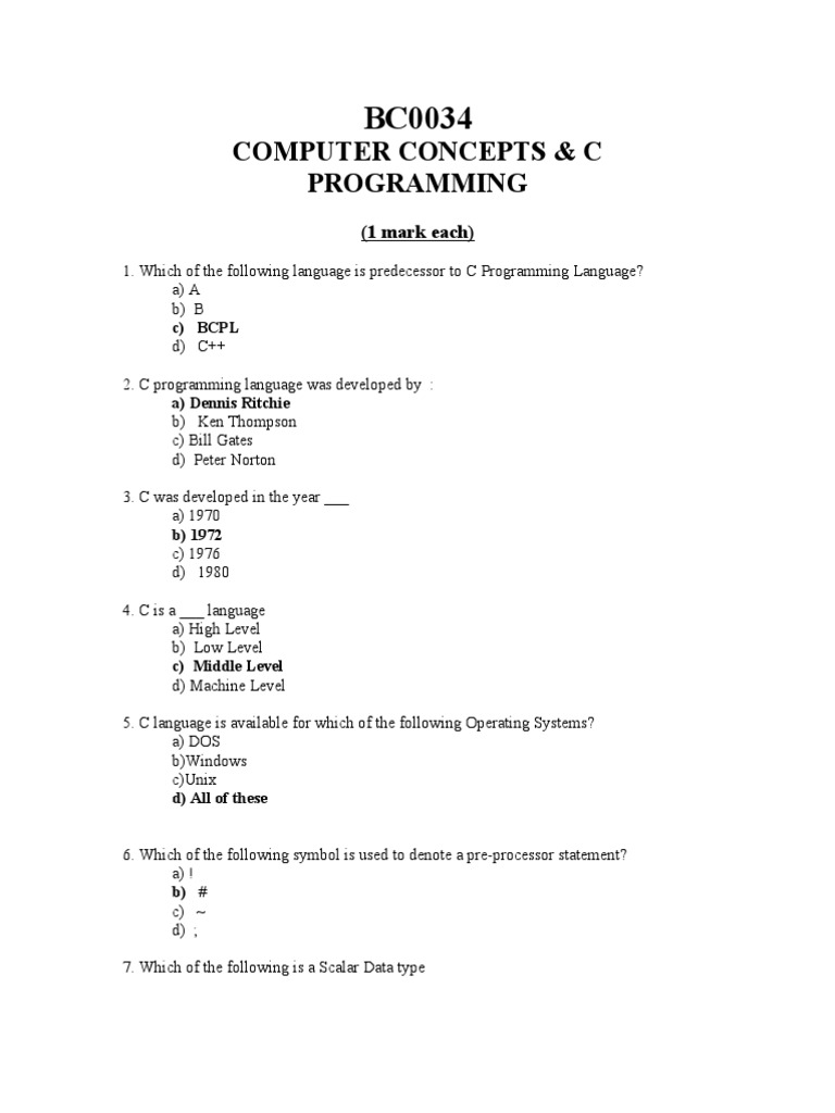 BC0034 Computer Concepts & C Programming Paper 1 | PDF | C (Programming Language) | String ...
