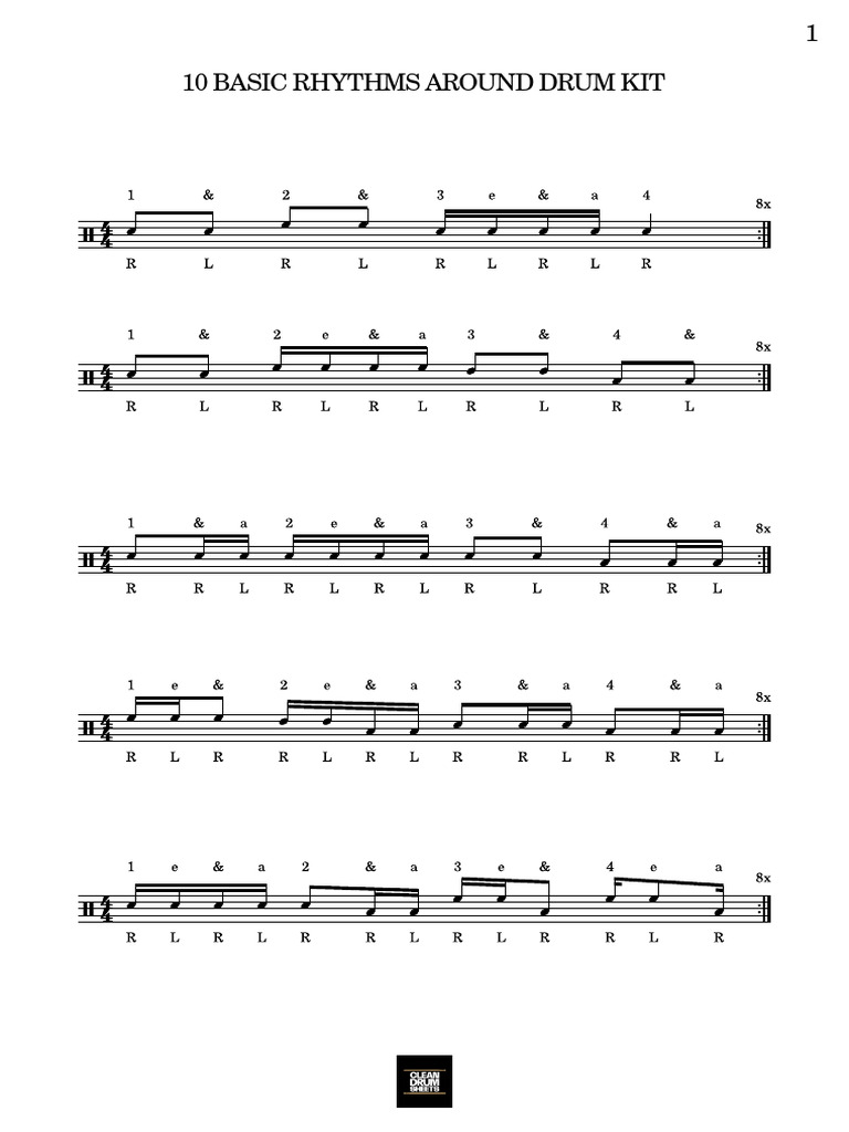 10 Basic Rhythms Around The Drum Kit - Sight Reading Exercise | PDF