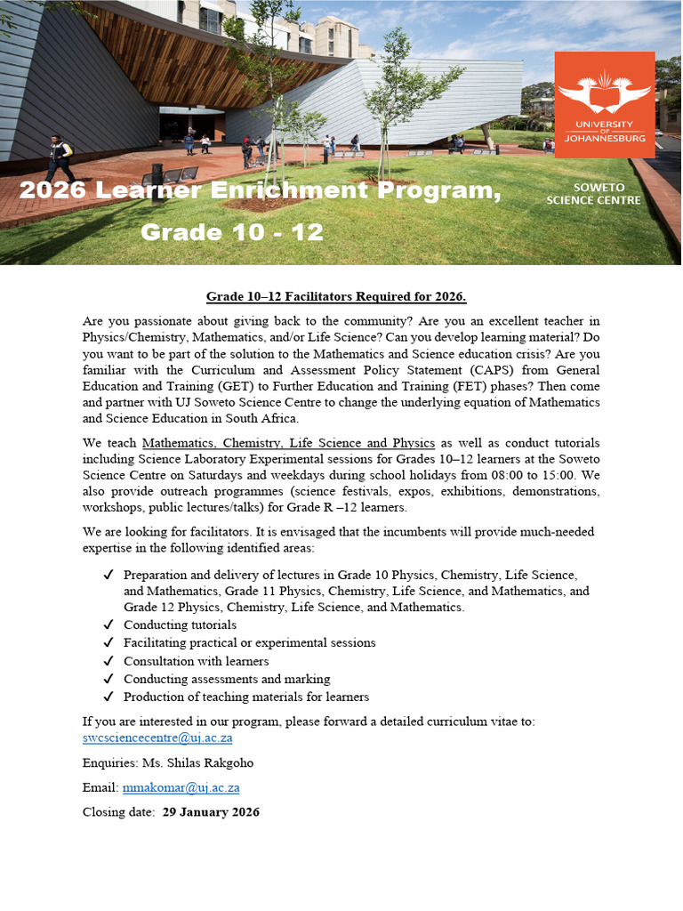 Soweto Science Centre Facilitator 2026 Advert | PDF