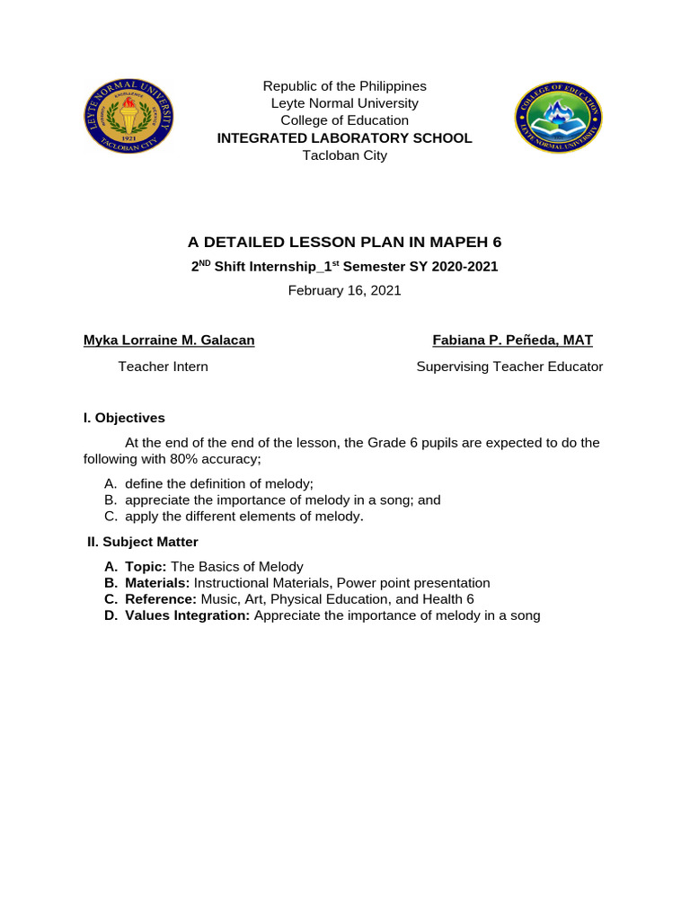 2nd Grading DRAFT LP - Mapeh 6 The Basics of Melody (Galacan, Myka ...