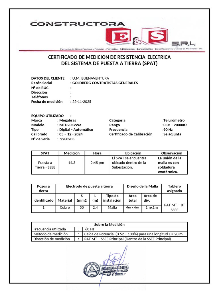 Certificado de Pat MT - Ssee Principal | PDF | Resistencia Eléctrica y ...