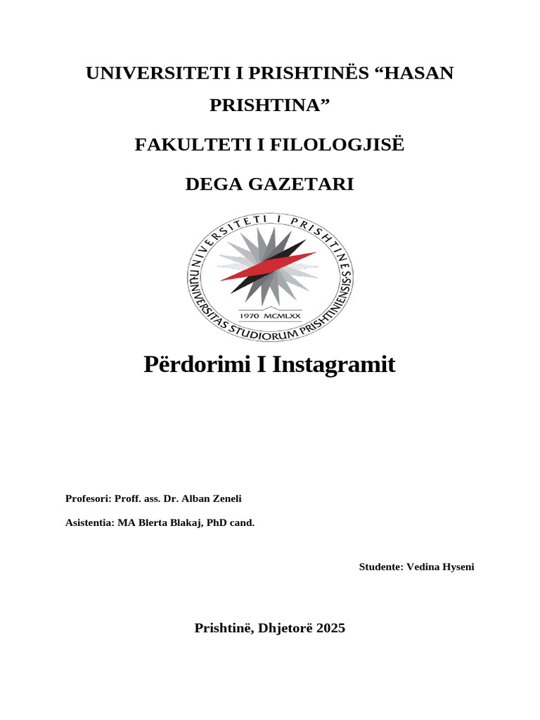 Punimi Seminarik Perdorimi I Instagramit, Vedina Hyseni | PDF