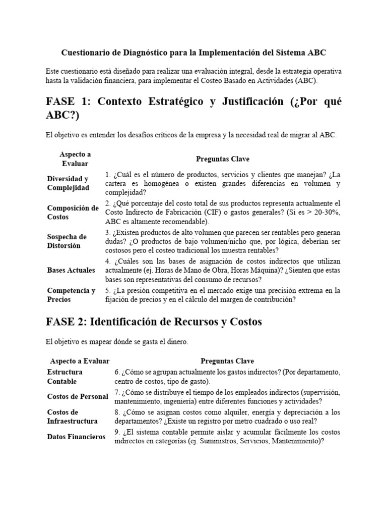 Cuestionario de Diagnóstico para La Implementación Del Sistema ABC ...