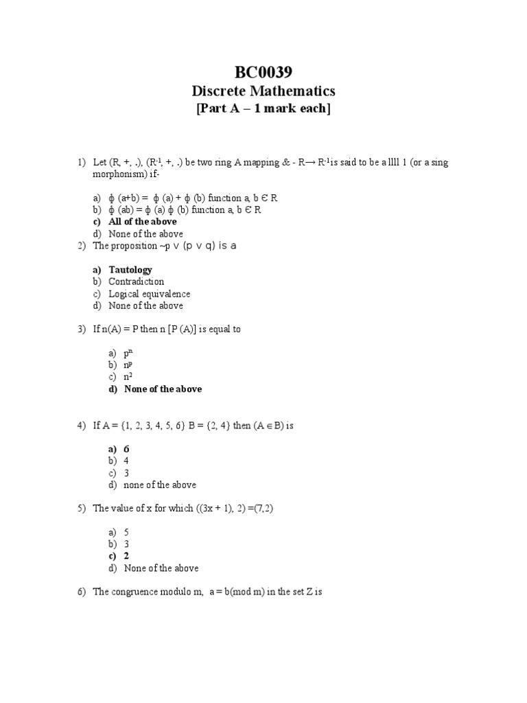 BC0039 Discrete Mathematics PAPER 1 | PDF | Ring (Mathematics) | Group ...
