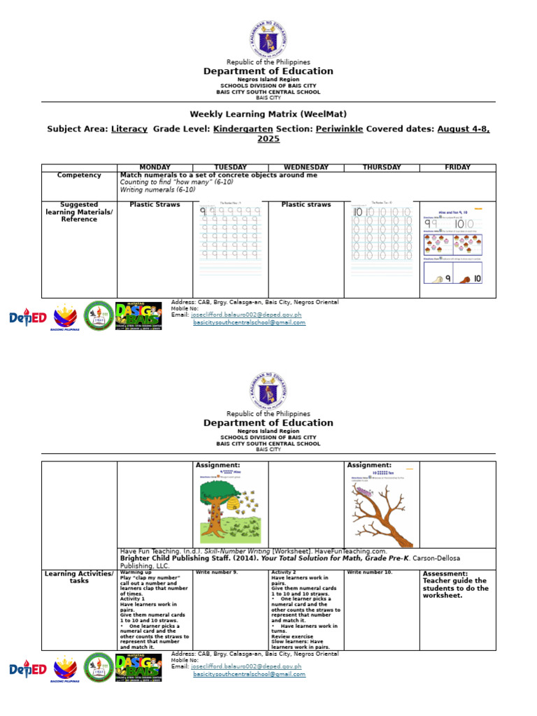 WeeLMat-Weekly-Learning-Matrix NUMERACY | PDF | Behavior Modification ...