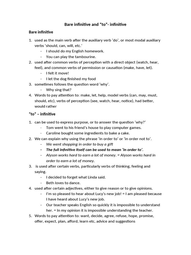 Bare Infinitive and Full Infinitive | PDF | Verb | Linguistics