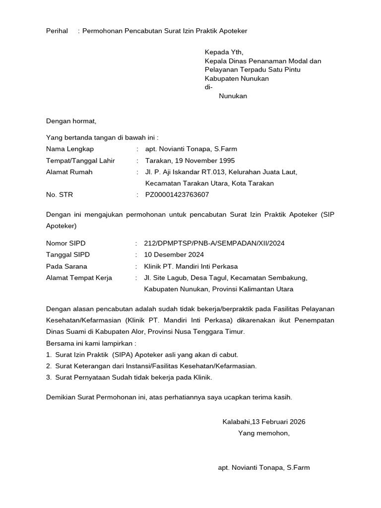 Surat Permohonan Pencabutan SIPA Novianti Tonapa | PDF