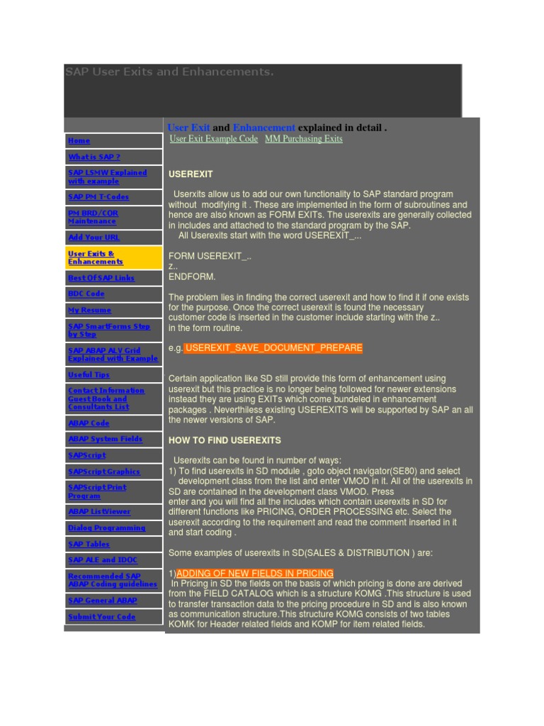 SAP User Exits and Enhancements | PDF | Parameter (Computer Programming) | Subroutine